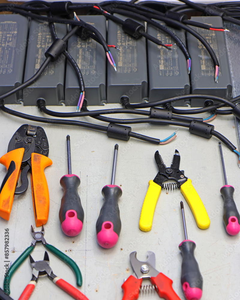 Tools for the installation of electrical panels. Close-up. Soft focus ...
