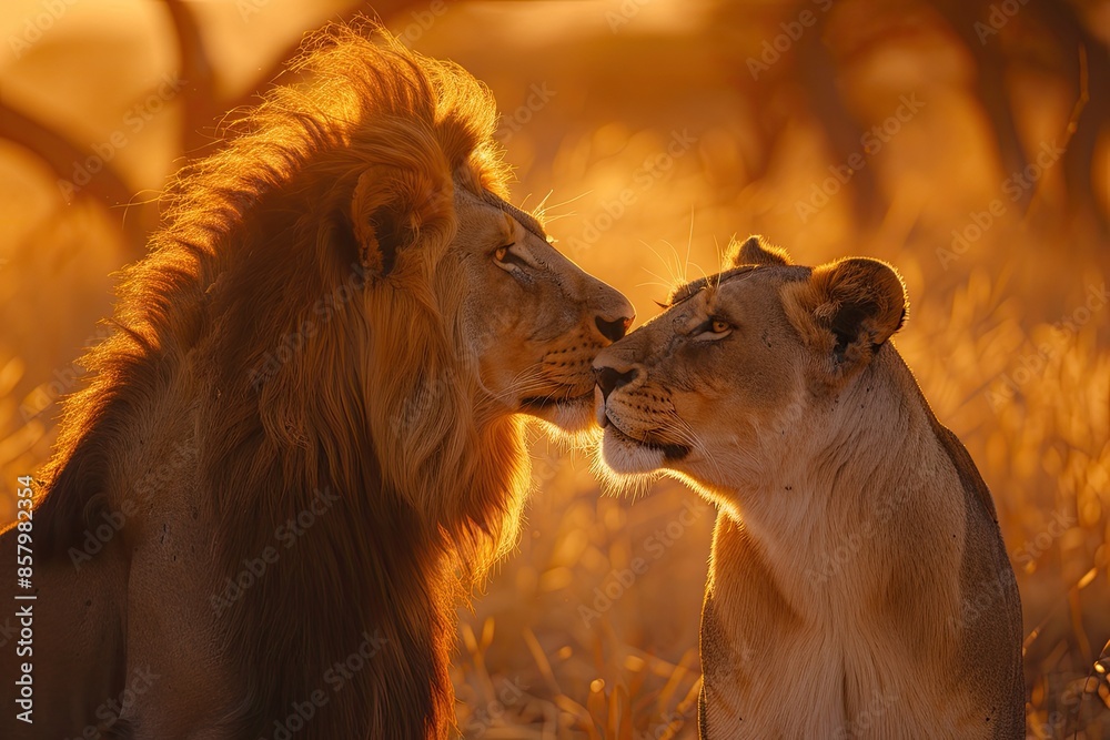 Two lions are standing next to each other and one of them is licking ...