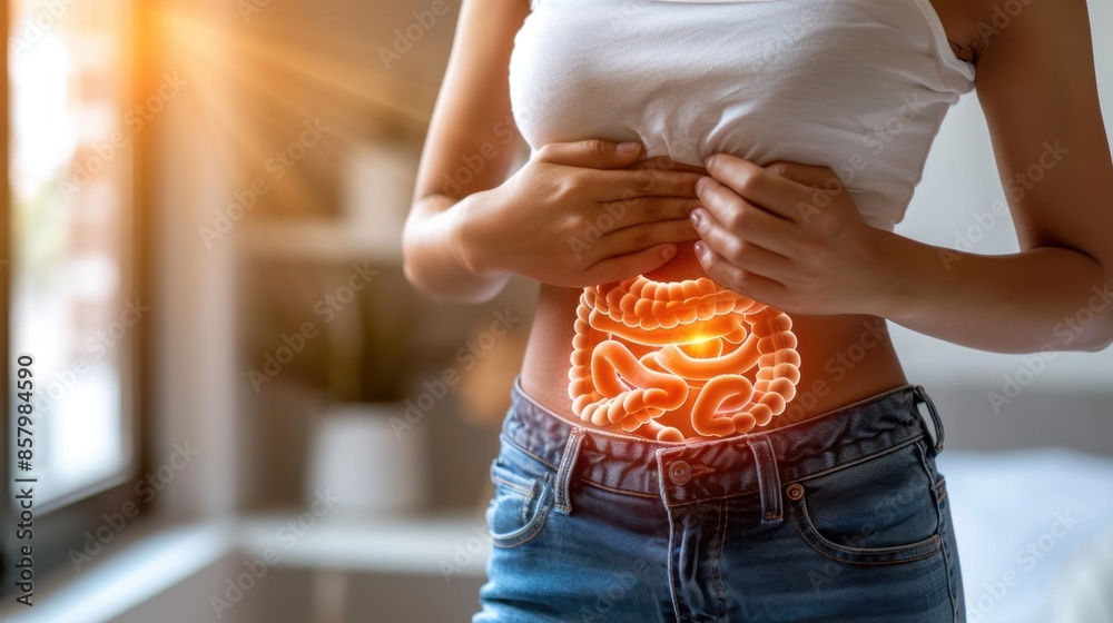 An illustration of a woman experiencing abdominal discomfort, her ...