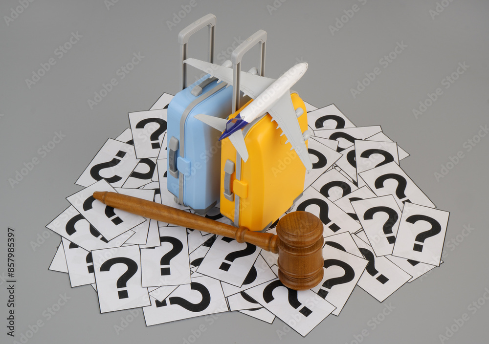 Travel and legal questions concept. Airplane model, suitcases with ...