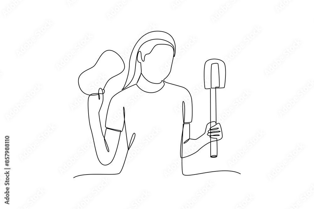 Vetor de One continuous line drawing of young mother Get ready to clean ...
