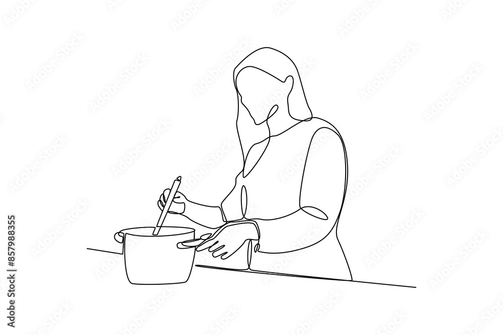 One continuous line drawing of young mother Boil water using a stove ...