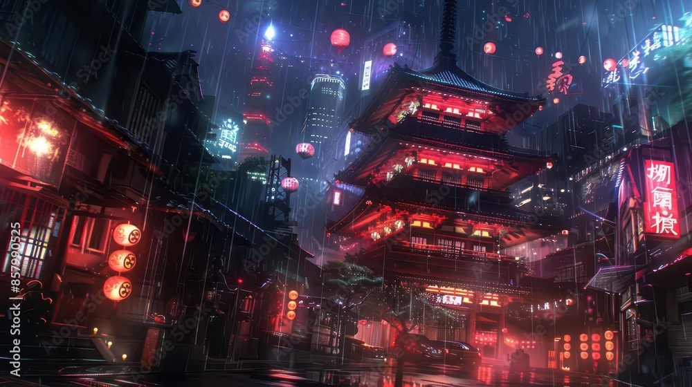 cyberpunk japanese temple in futuristic neonlit city at night dystopian ...