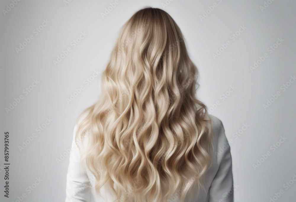 long and wavy women's hair in blonde tones, back view, hair advertising ...