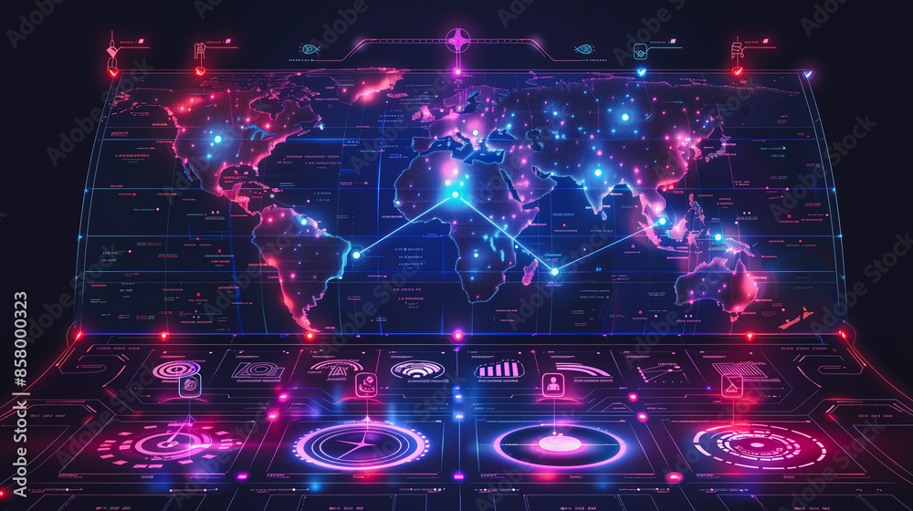 Futuristic command center interface displaying a global network map with glowing nodes and ...