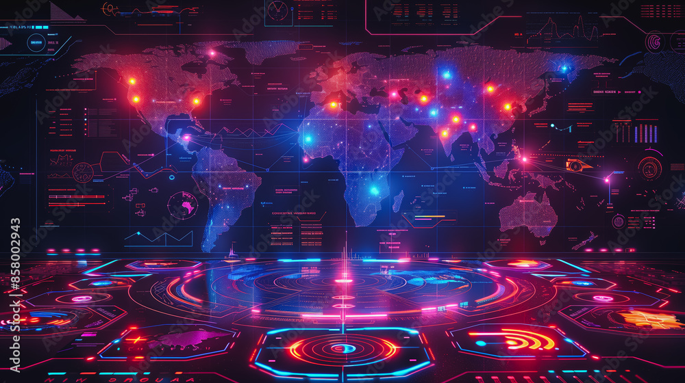 Futuristic command center interface displaying a global network map ...