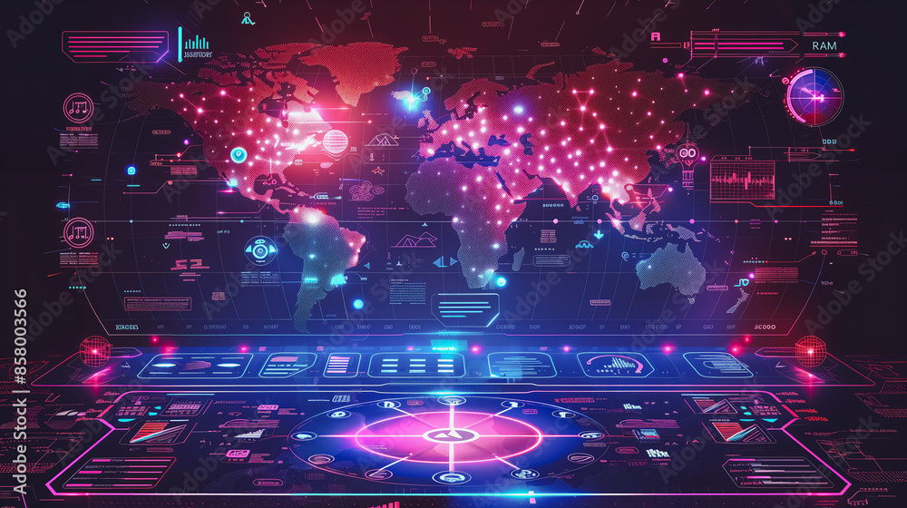 Futuristic command center interface displaying a global network map with glowing nodes and ...