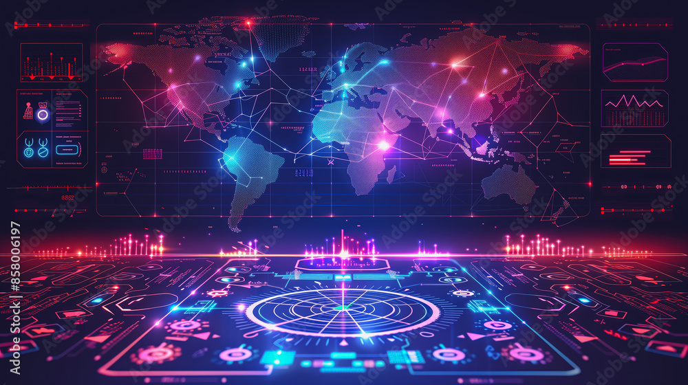 Futuristic command center interface displaying a global network map ...