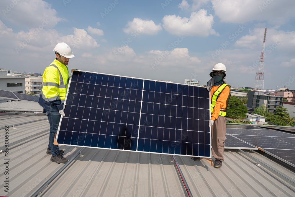 Men technicians carrying photovoltaic solar moduls on roof of factory ...