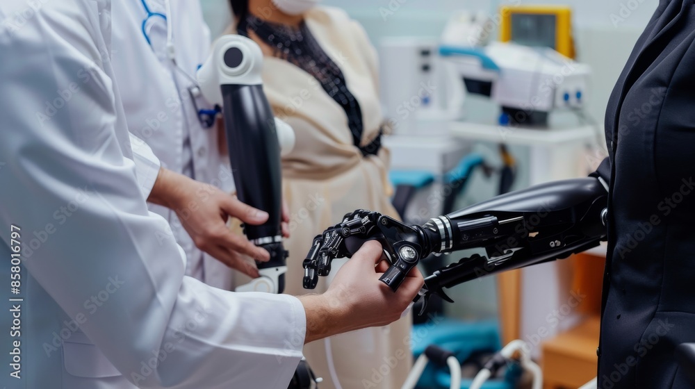 cybernetic prosthetic limb being fitted onto a patient, illustrating ...
