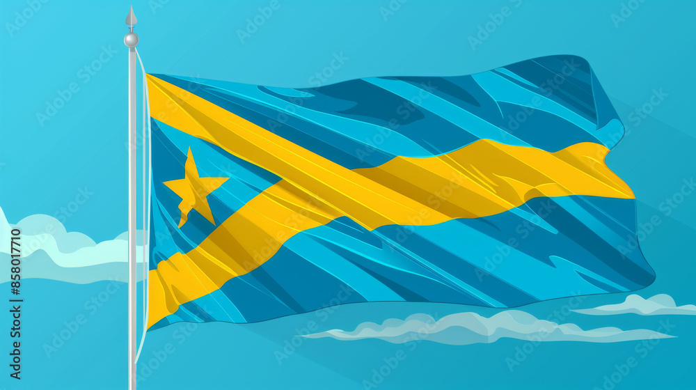 Illustration of a blue and yellow flag waving in the sky with clouds in ...