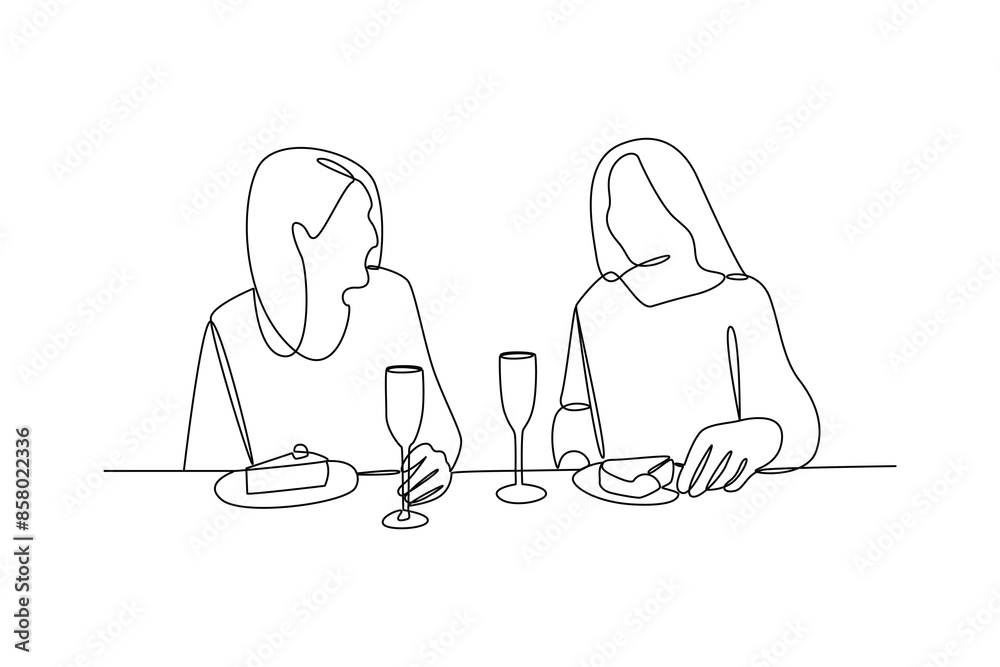 Continuous one line drawing people dinner with old friend. Family ...