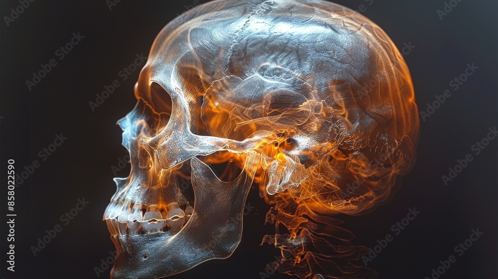 A breathtaking digital artwork of a glowing, translucent skull ...