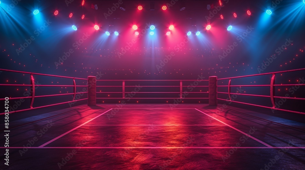 An illuminated boxing ring under a dramatic array of purple and blue ...