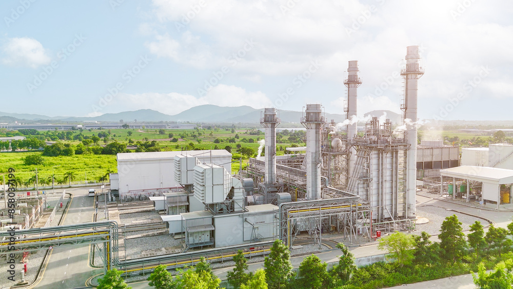 Power plant gas turbine factory building. Green Industry, Clean power ...