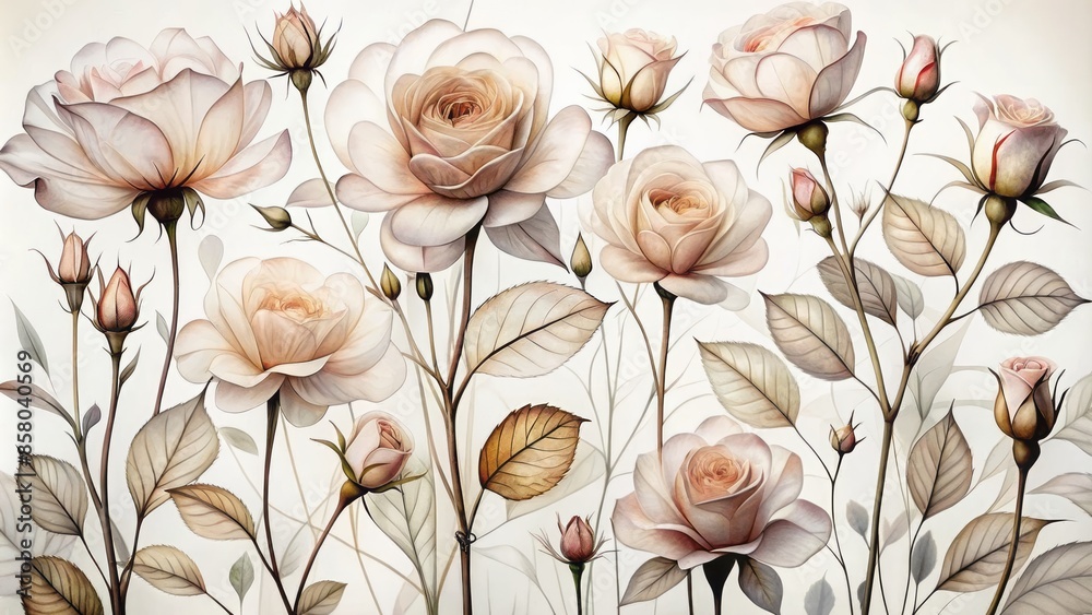 Delicate transparent roses with intricate petals and stems bloom on a ...