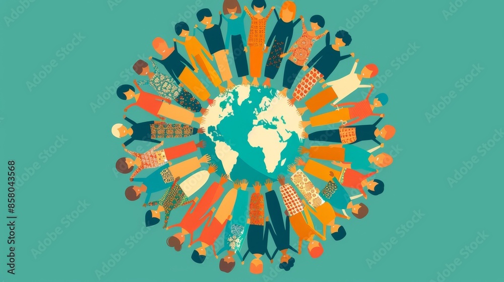 global unity art, illustration of people of diverse backgrounds holding ...