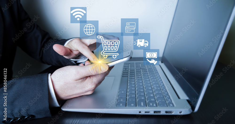 online shopping and e-commerce technology. Shopper using computer ...