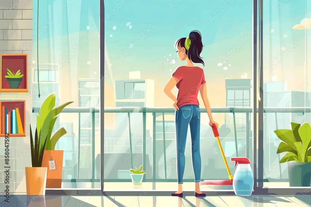 In her apartment, a woman carefully washes the windows, using a cloth ...