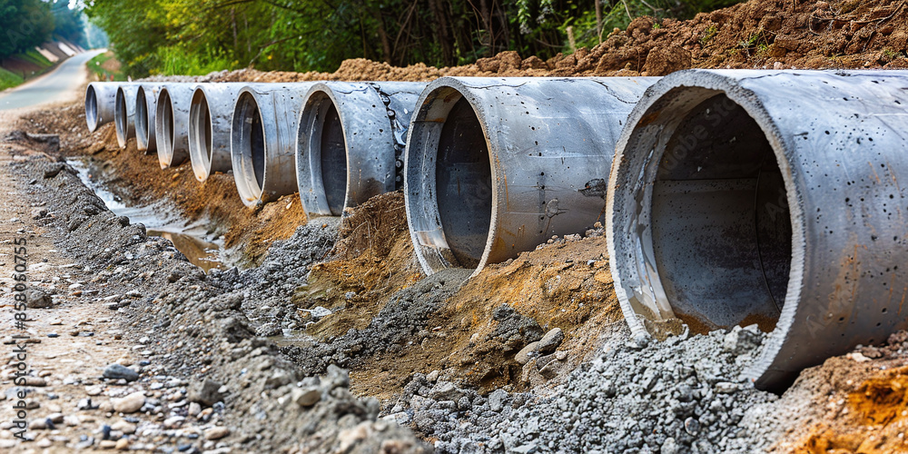 Installation of a concrete drainage system along roadsides to drain ...