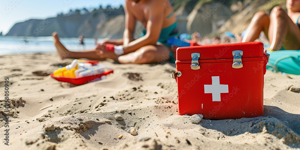 Close-up of an open first aid kit on a sandy beach, with a lifeguard ...