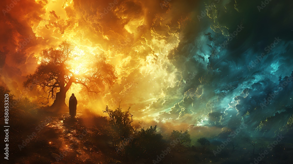 The moment of divine judgment, with God appearing in a radiant form ...