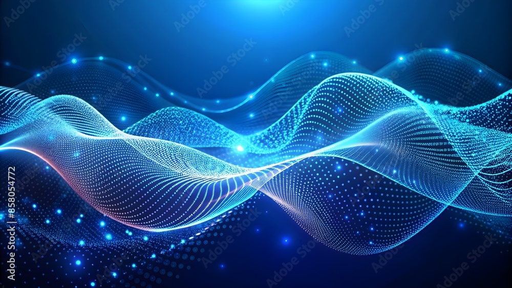 Abstract blue tech background with digital waves, dynamic network system, artificial neural ...