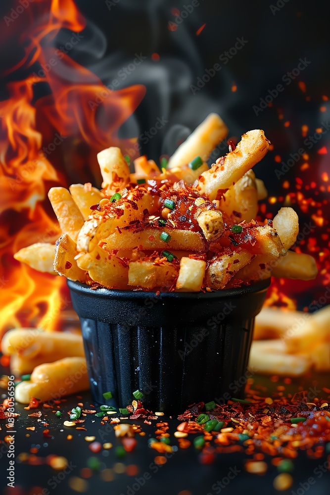A Hot and crispy French fries with a burst of spicy flakes, set against ...