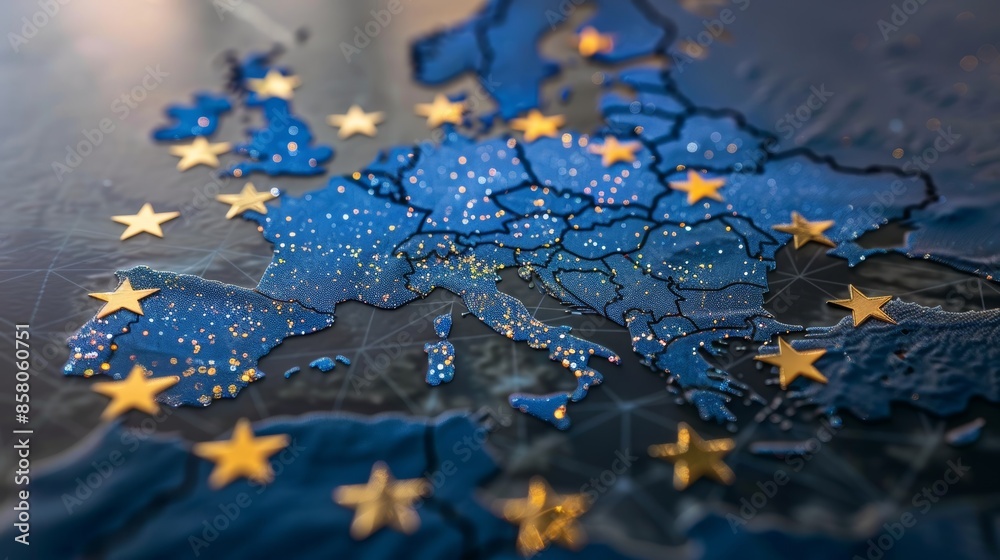 Digital map of Western Europe, concept of European Union network and ...