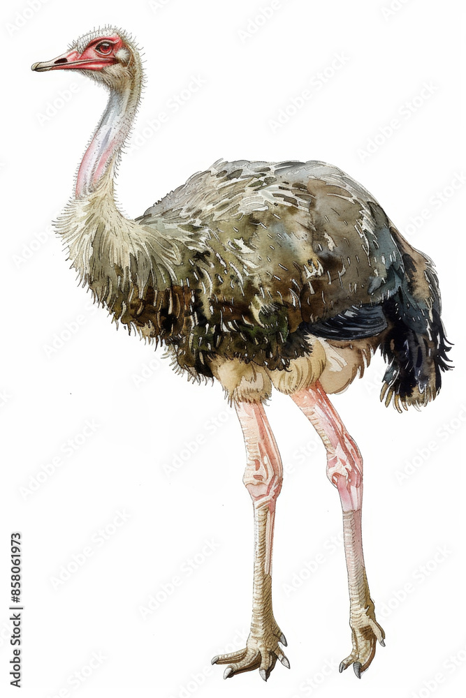 Watercolor illustration of a greater rhea bird standing gracefully on a ...