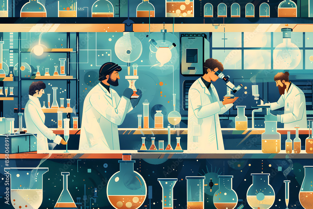 A dynamic illustration of a science lab with beakers, microscopes, and ...