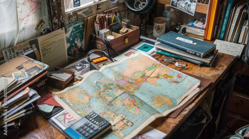 Travel-Themed Desk: Maps, guidebooks, and souvenirs adorn a desk ...