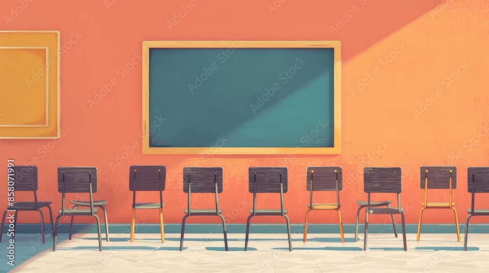 minimalist doodle art of an empty classroom with wooden chairs and a ...