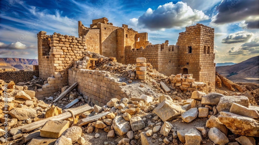 Ancient crumbling medieval castle fort walls in ruins, debris scattered ...