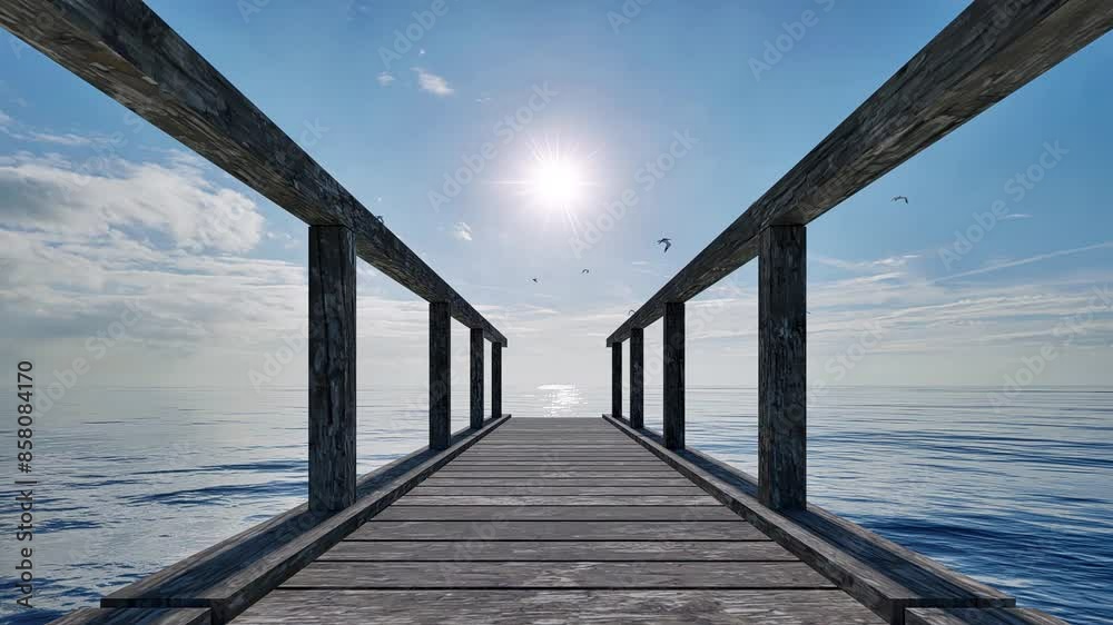 Slowly moving to the end of an old wooden footbridge extending into the ...