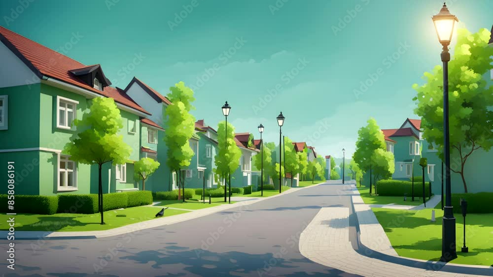 Animation A residential scene, a clean street with street lights beside ...