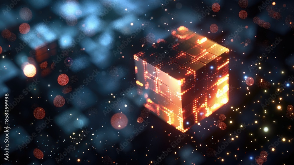 Abstract digital rendering of a cube with glowing particles. Digital ...