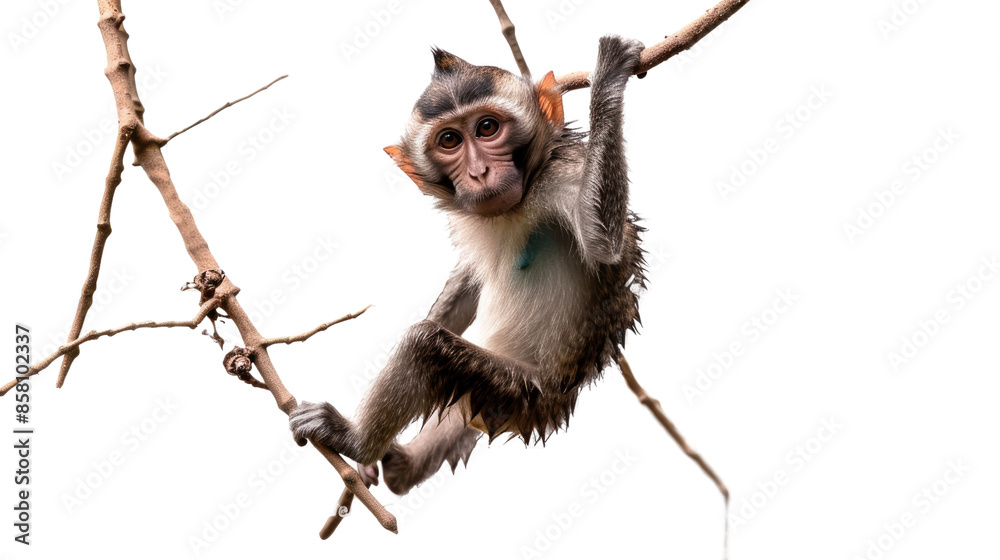 Photograph of a curious monkey swinging from a vine, its eyes wide with ...