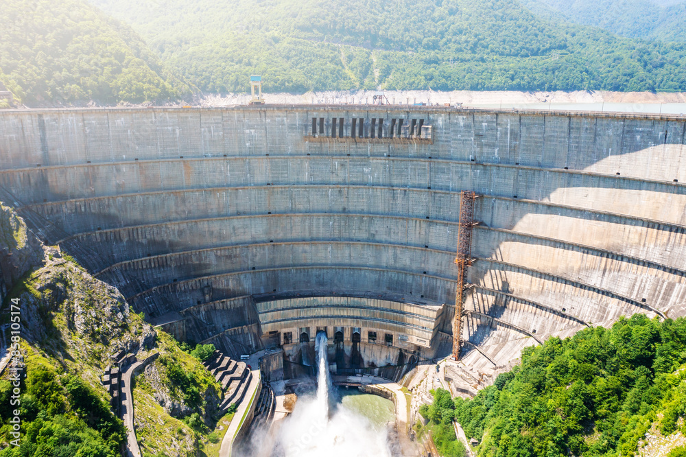 Hydroelectric power plant. Aerial view from drone of huge water dam ...