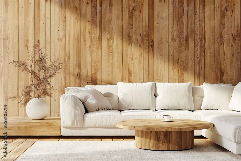 Interior of modern living room with white sofa and wooden wall,Sofa in ...