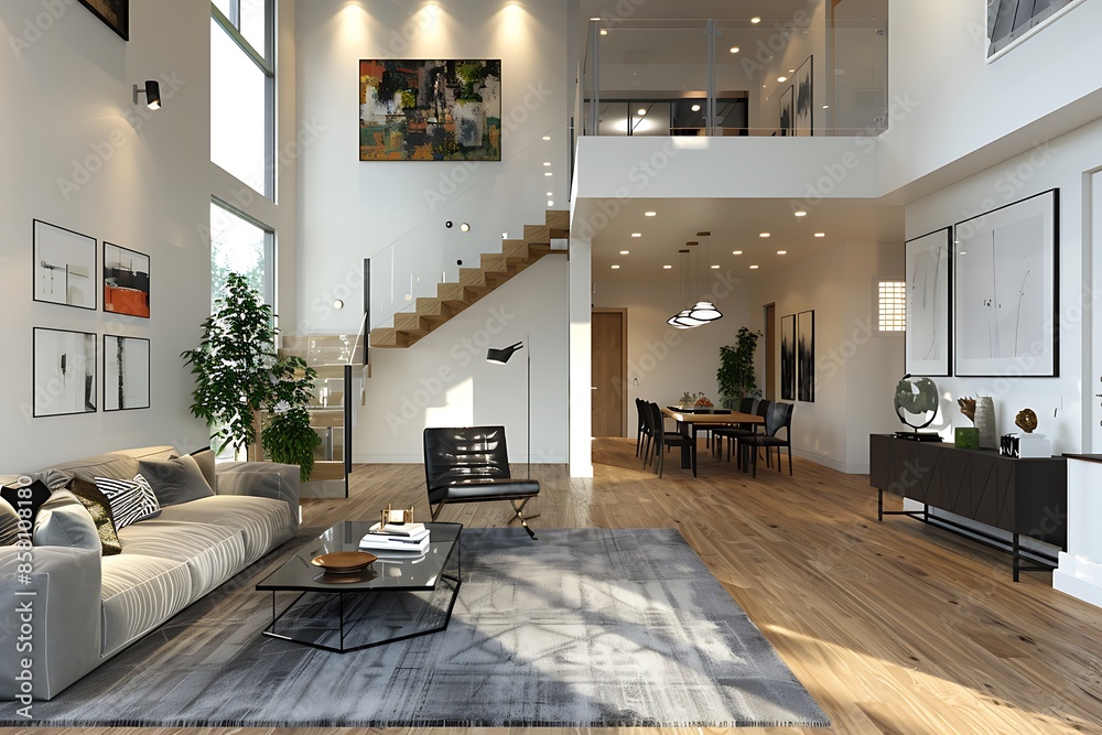 Modern two-level interior design with high ceilings, showcasing a sleek ...