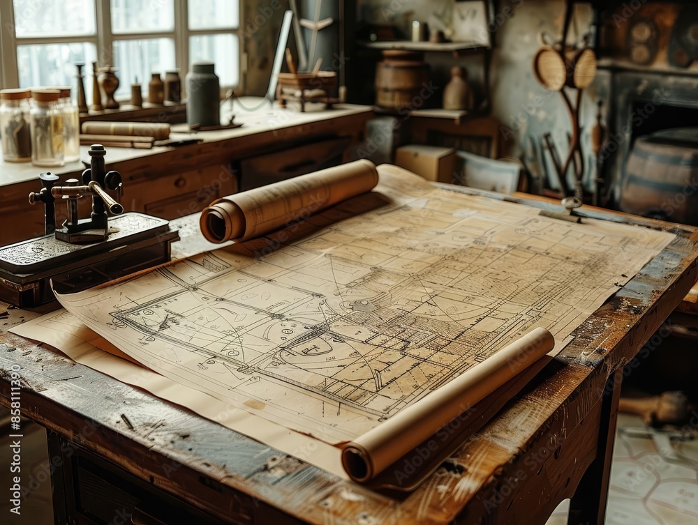 Vintage blueprint with detailed architectural drawings, set on a ...