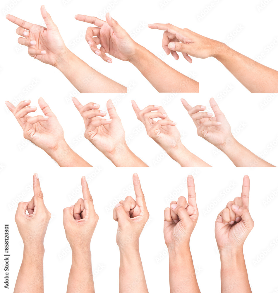 Multiple of Male Caucasian hand gestures isolated over the white ...