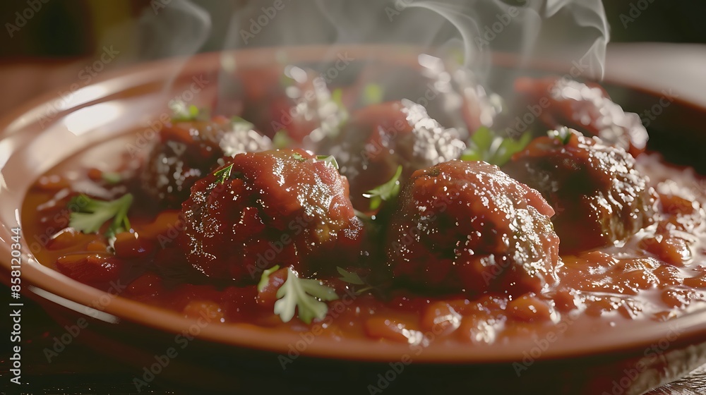 Beef meatball in tomato sauce served inside a plate very detailed and ...