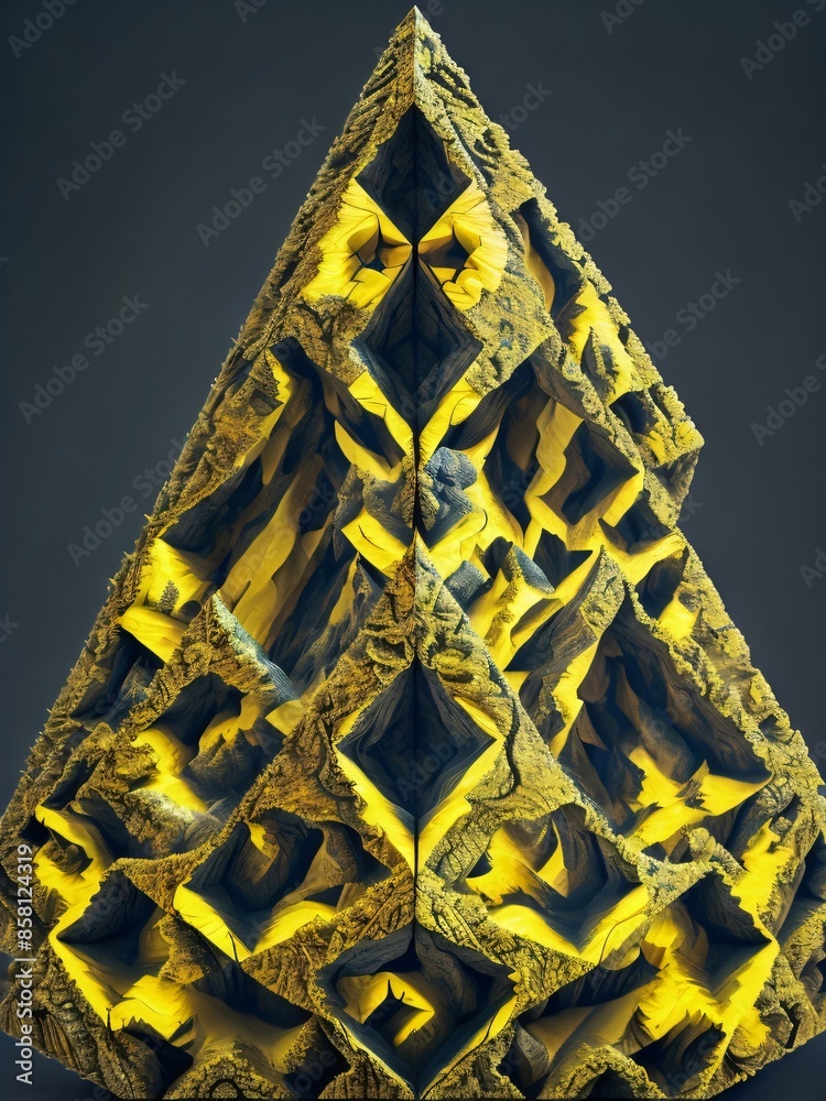 Abstract complex Sierpinski triangle with sharp, angular shapes in yellow and black colors ...