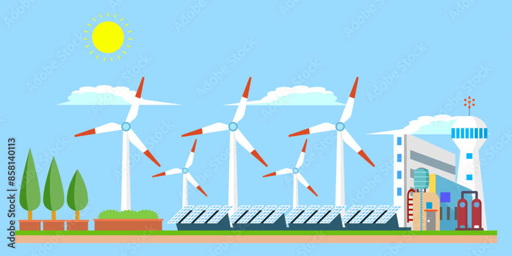 Isometric of city, green energy, electricity, electrical power, wind ...