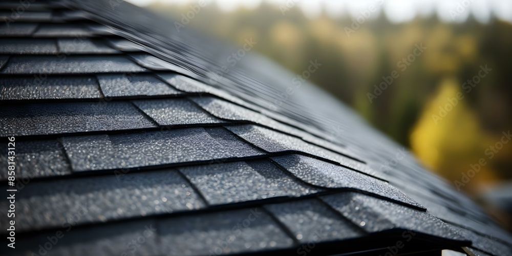 Detailed view of newly installed shingles and gutters on a house roof ...