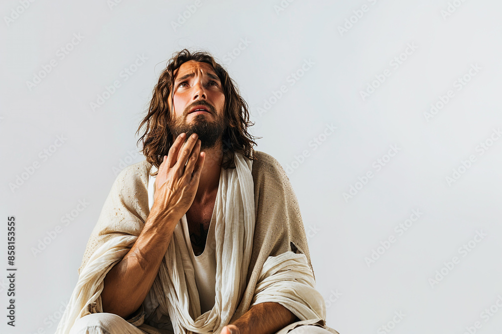 Jesus Christ, emotionally explaining something, sermon. Isolated on a ...