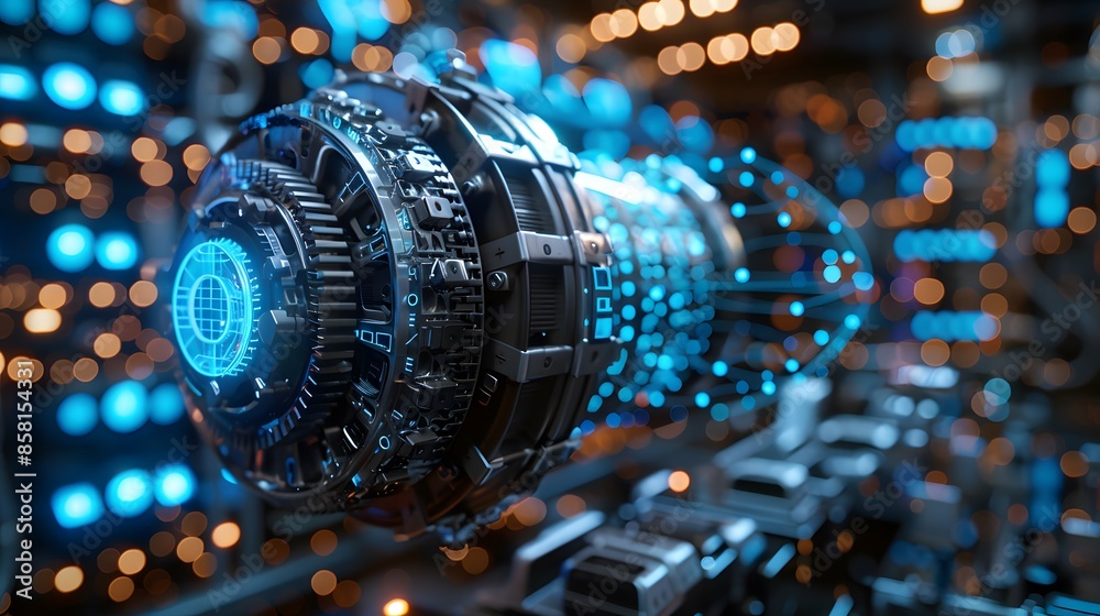 A digital illustration of an electric motor with gears and blue ...