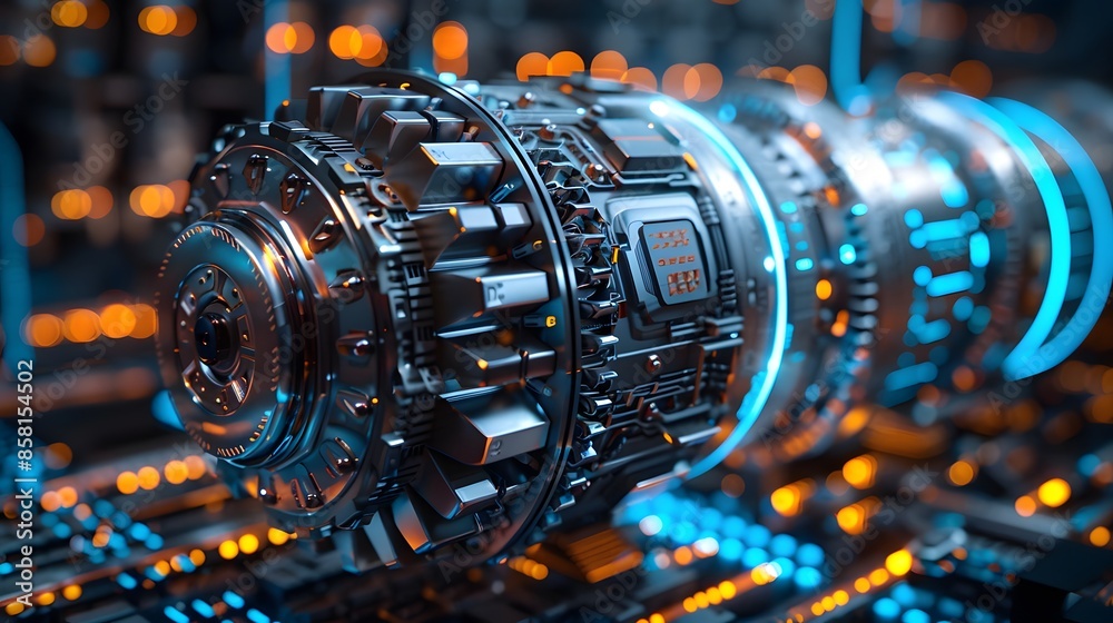 A digital illustration of an electric motor with gears and blue ...